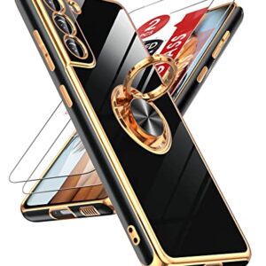 LeYi for Samsung Galaxy S21 FE 5G Case: with Tempered Glass Screen Protector [2 Pack] 360° Rotatable Ring Holder Magnetic Kickstand, Plating Rose Gold Edge Protective Case, Black