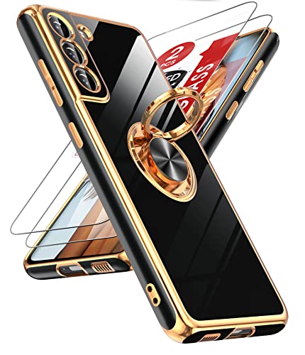 LeYi for Samsung Galaxy S21 FE 5G Case: with Tempered Glass Screen Protector [2 Pack] 360° Rotatable Ring Holder Magnetic Kickstand, Plating Rose Gold Edge Protective Case, Black