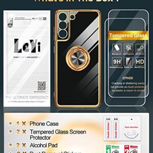 LeYi for Samsung Galaxy S21 FE 5G Case: with Tempered Glass Screen Protector [2 Pack] 360° Rotatable Ring Holder Magnetic Kickstand, Plating Rose Gold Edge Protective Case, Black