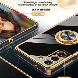 LeYi for Samsung Galaxy S21 FE 5G Case: with Tempered Glass Screen Protector [2 Pack] 360° Rotatable Ring Holder Magnetic Kickstand, Plating Rose Gold Edge Protective Case, Black