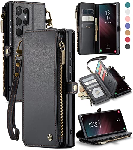 Defencase Galaxy S23 Ultra Wallet Case, RFID Leather Magnetic Flip, Card Holder, Fashion Black