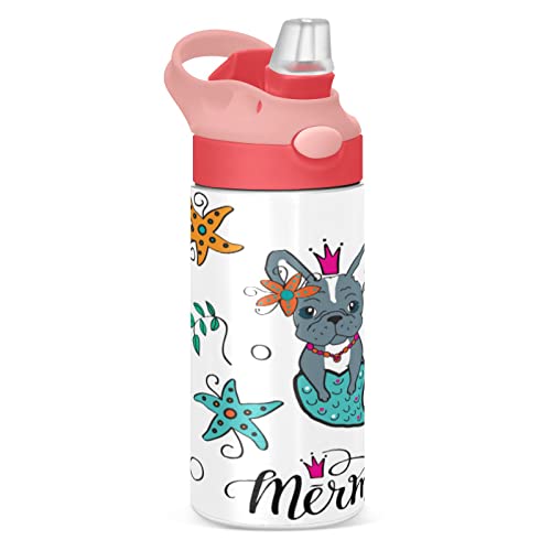 MCHIVER French Bulldog Mermaid Kids Water Bottle with Straw Insulated Stainless Steel Kids Water Bottle Thermos for School Boys Girls Leak Proof Cups 12 oz / 350 ml Pink Top