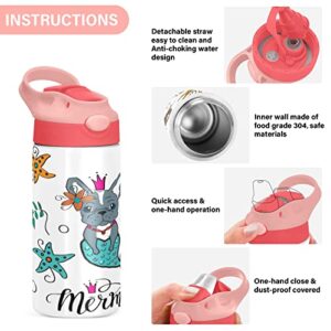 MCHIVER French Bulldog Mermaid Kids Water Bottle with Straw Insulated Stainless Steel Kids Water Bottle Thermos for School Boys Girls Leak Proof Cups 12 oz / 350 ml Pink Top