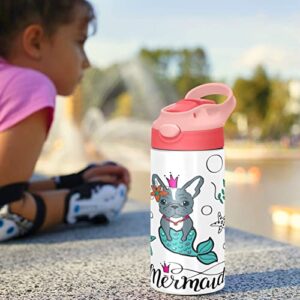 MCHIVER French Bulldog Mermaid Kids Water Bottle with Straw Insulated Stainless Steel Kids Water Bottle Thermos for School Boys Girls Leak Proof Cups 12 oz / 350 ml Pink Top