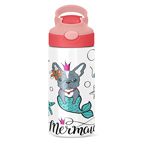 MCHIVER French Bulldog Mermaid Kids Water Bottle with Straw Insulated Stainless Steel Kids Water Bottle Thermos for School Boys Girls Leak Proof Cups 12 oz / 350 ml Pink Top