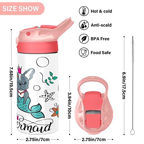 MCHIVER French Bulldog Mermaid Kids Water Bottle with Straw Insulated Stainless Steel Kids Water Bottle Thermos for School Boys Girls Leak Proof Cups 12 oz / 350 ml Pink Top