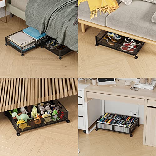 Yoleduo Bedroom Under Bed Storage With Wheels Removable Large Wrought Iron Clothes Under Bed Storage Basket Movable Foldable Space-saving Floor Rack Under Bed Storage Bins Drawer(1 piece, Black)