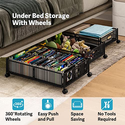 Yoleduo Bedroom Under Bed Storage With Wheels Removable Large Wrought Iron Clothes Under Bed Storage Basket Movable Foldable Space-saving Floor Rack Under Bed Storage Bins Drawer(1 piece, Black)