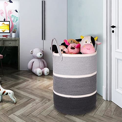 KINGSUSLAY Woven Rope Laundry Hamper,Laundry Basket,Tall Nursery Hamper for Blanket storage,Toys,Pillows Dirty Clothes in Bathroom,Bedroom,Living Room,Nursey Room(70L, Grey & White)