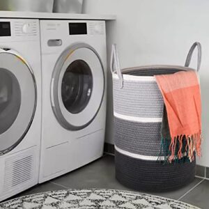 KINGSUSLAY Woven Rope Laundry Hamper,Laundry Basket,Tall Nursery Hamper for Blanket storage,Toys,Pillows Dirty Clothes in Bathroom,Bedroom,Living Room,Nursey Room(70L, Grey & White)