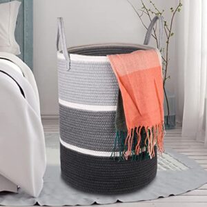 KINGSUSLAY Woven Rope Laundry Hamper,Laundry Basket,Tall Nursery Hamper for Blanket storage,Toys,Pillows Dirty Clothes in Bathroom,Bedroom,Living Room,Nursey Room(70L, Grey & White)