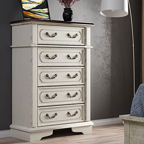 PaPaJet 5 Drawers Dresser Chests for Bedroom French Country Two Tone Chipped White