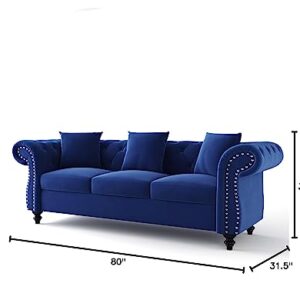 ERDAYE 80" Chesterfield Sofa Tufted Velvet Upholstered 3-Seater Couch with Scrolled Arms and Nailhead Decoration,3 Pillows Included, Blue