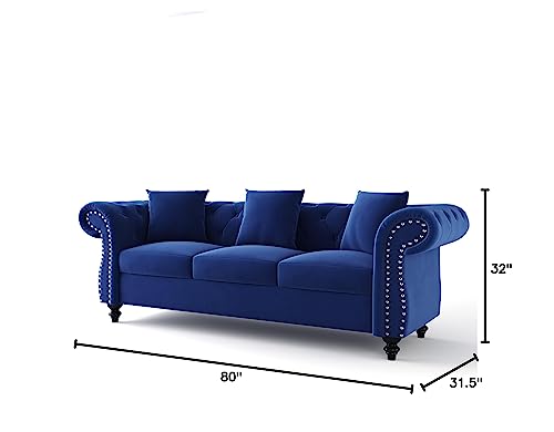 ERDAYE 80" Chesterfield Sofa Tufted Velvet Upholstered 3-Seater Couch with Scrolled Arms and Nailhead Decoration,3 Pillows Included, Blue