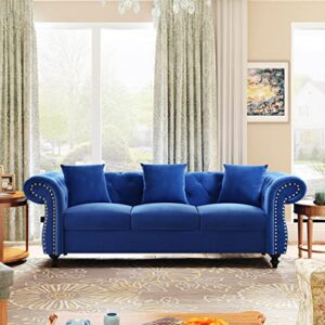 erdaye 80" chesterfield sofa tufted velvet upholstered 3-seater couch with scrolled arms and nailhead decoration,3 pillows included, blue