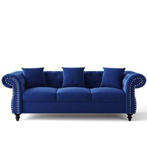 ERDAYE 80" Chesterfield Sofa Tufted Velvet Upholstered 3-Seater Couch with Scrolled Arms and Nailhead Decoration,3 Pillows Included, Blue