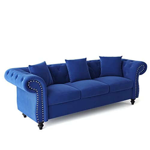 ERDAYE 80" Chesterfield Sofa Tufted Velvet Upholstered 3-Seater Couch with Scrolled Arms and Nailhead Decoration,3 Pillows Included, Blue