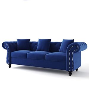 ERDAYE 80" Chesterfield Sofa Tufted Velvet Upholstered 3-Seater Couch with Scrolled Arms and Nailhead Decoration,3 Pillows Included, Blue