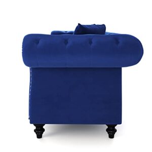 ERDAYE 80" Chesterfield Sofa Tufted Velvet Upholstered 3-Seater Couch with Scrolled Arms and Nailhead Decoration,3 Pillows Included, Blue