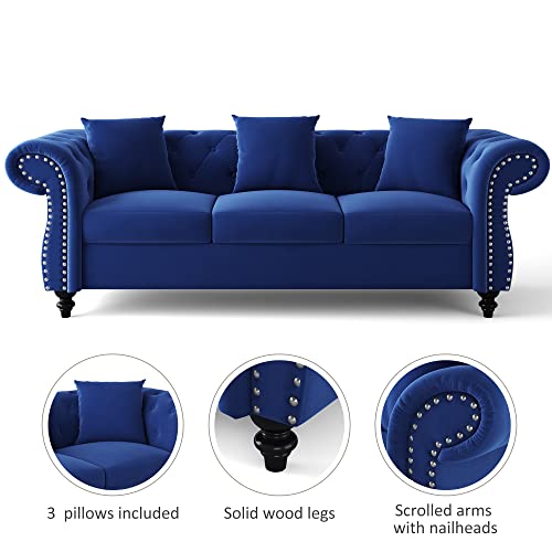 ERDAYE 80" Chesterfield Sofa Tufted Velvet Upholstered 3-Seater Couch with Scrolled Arms and Nailhead Decoration,3 Pillows Included, Blue