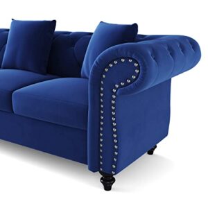 ERDAYE 80" Chesterfield Sofa Tufted Velvet Upholstered 3-Seater Couch with Scrolled Arms and Nailhead Decoration,3 Pillows Included, Blue