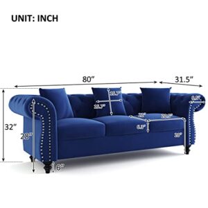 ERDAYE 80" Chesterfield Sofa Tufted Velvet Upholstered 3-Seater Couch with Scrolled Arms and Nailhead Decoration,3 Pillows Included, Blue