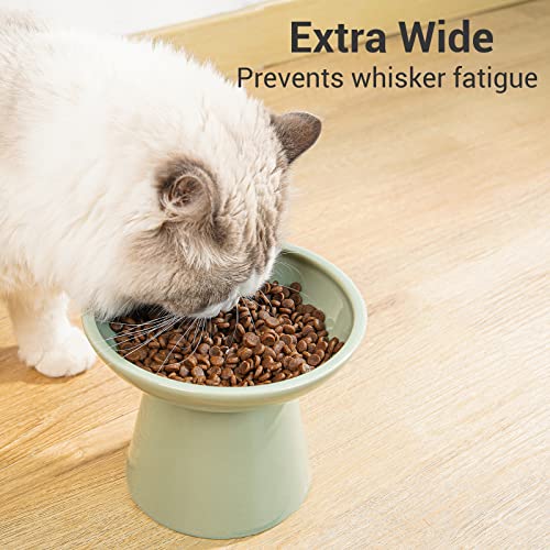 CEEFU Extra Wide Elevated Cat Bowls - Ceramic Cat Food Bowl 6.2" Raised Cat Food Bowls Elevated Shallow Cat Food Dish, Whisker Fatigue, Lead & Cadmium Free, 5" Good Height for Cat Feeding, Green