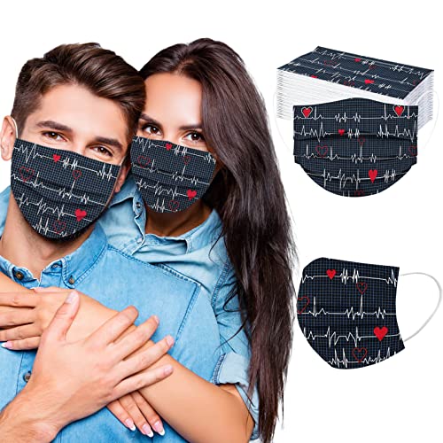 50Pcs Valentines Face_Masks for Women Heart Print Mouth Dustproof Adult Holiday Face Protective Heart Print Face_Mask