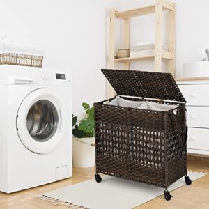 GOFLAME Laundry Hamper with Lid and Wheels, 110L Folding Synthetic Rattan Clothes Hamper with 2 Removable & Washable Liner Bags, Pulling Strap, Rolling Divided Laundry Basket for Laundry Room Bedroom