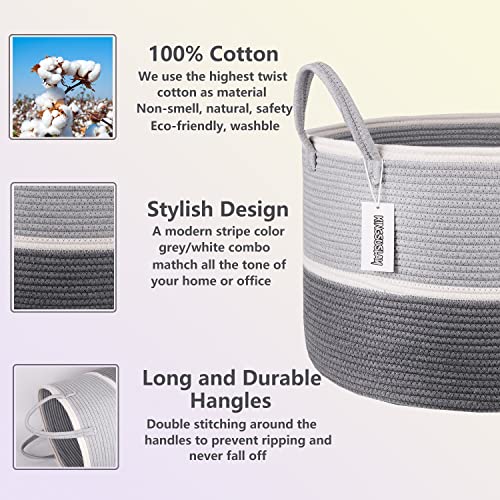 KINGSUSLAY Woven Rope Laundry Hamper,21x14Inch Laundry Basket,Wide Nursery Hamper for Blanket storage,Toys,Pillows, Extra Large Hampers for Laundry and Easter Basket(80L,Grey with White)