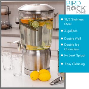 BIRDROCK HOME 3 Gallon Stainless Steel Beverage Dispenser with Ice Container, Spigot - Round - Lemonade Sangria Tea Water Drink Jar Jug - Home Parties - BPA Free Clear Acrylic