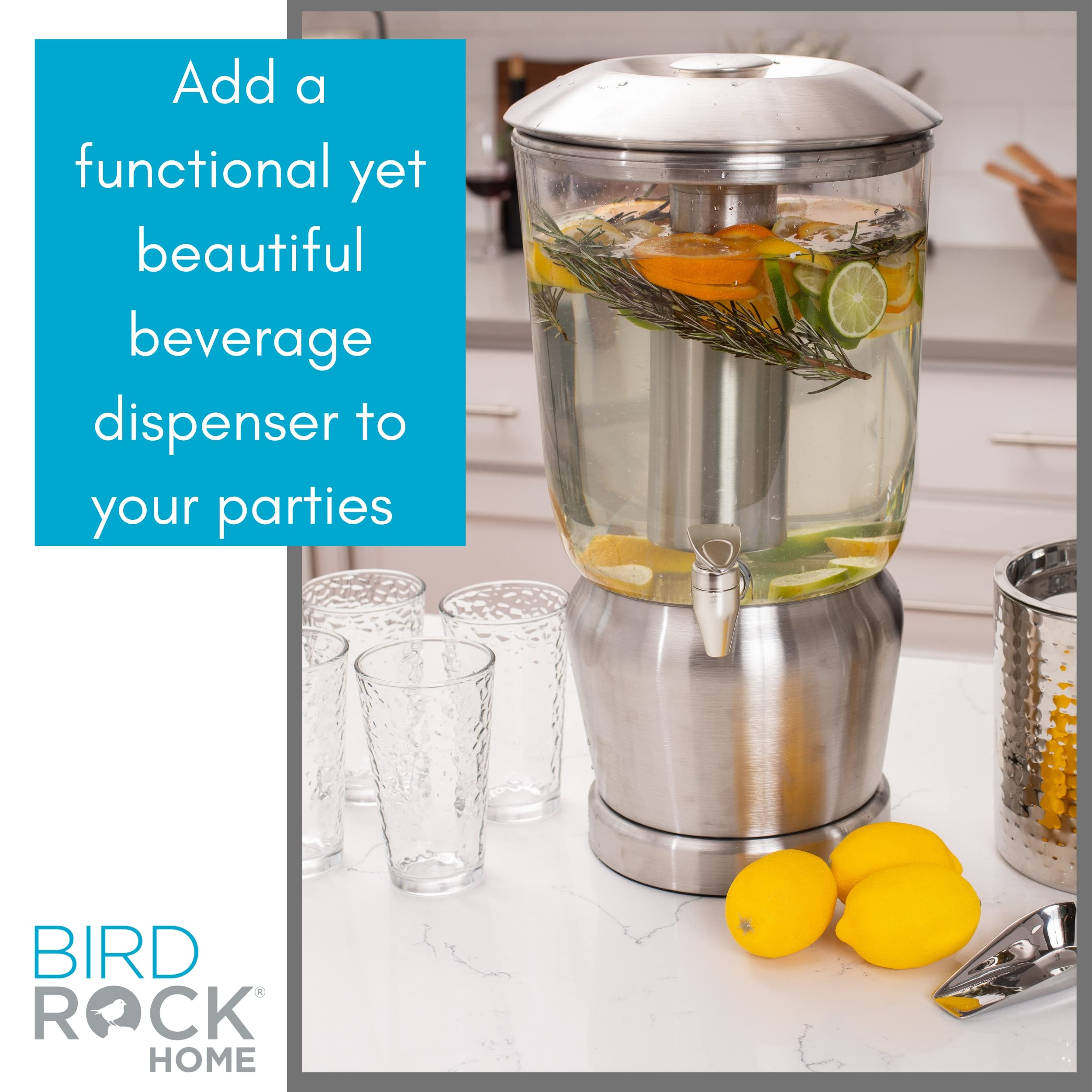 BIRDROCK HOME 3 Gallon Stainless Steel Beverage Dispenser with Ice Container, Spigot - Round - Lemonade Sangria Tea Water Drink Jar Jug - Home Parties - BPA Free Clear Acrylic