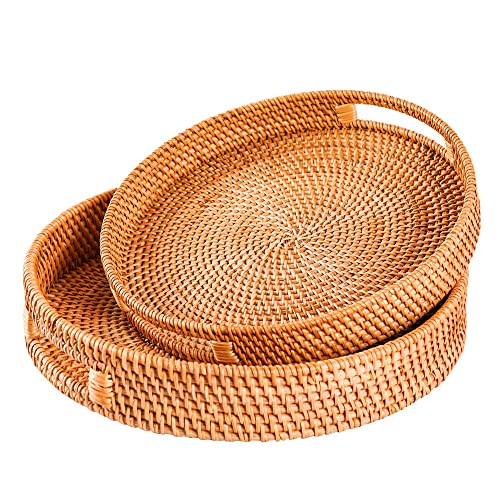 FIYAMMY Large Round Rattan Serving Tray Set of 2, Woven Tray with Handles Serving Basket Wicker Fruit Bread Serving Basket for Coffee Table(13.8in x 2.8in；11.8in x 2.4in)