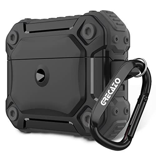 GRECAZO Compatible with AirPods 3rd Generation Case(2021), Military Secure Full-Body Rugged Hard Shell Case Cover with Keychain Designed for Apple AirPods 3 Charging Case[LED Visible] Grey+Black