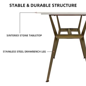 HERNEST 63" White Sintered Stone Dining Room Table for 4-6, Modern Heavy Duty Dining Table with Marble Texture Table Top and Golden Stainless Steel Legs Minimalist Kitchen Table for Living Room