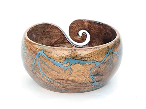 Rosewood Epoxy Resin Yarn Bowl for Multilple Uses - Lichtenberg Figure Yarn Bowl for Knitting and Crochet Holder/Yarn Storage Bowl (7"x4") (Sky-Blue)