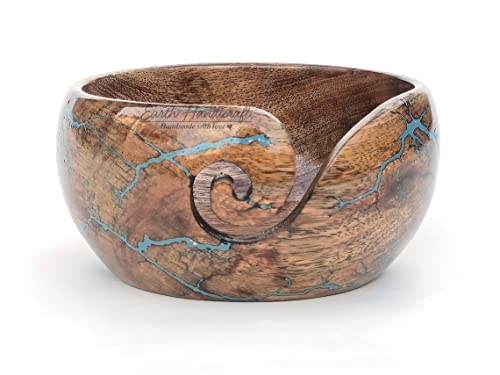 Rosewood Epoxy Resin Yarn Bowl for Multilple Uses - Lichtenberg Figure Yarn Bowl for Knitting and Crochet Holder/Yarn Storage Bowl (7"x4") (Sky-Blue)