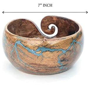 Rosewood Epoxy Resin Yarn Bowl for Multilple Uses - Lichtenberg Figure Yarn Bowl for Knitting and Crochet Holder/Yarn Storage Bowl (7"x4") (Sky-Blue)