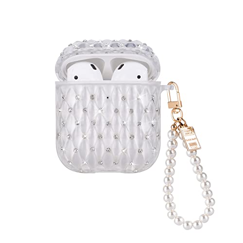 Glitter Diamond Design for AirPods 1/2 Case with Pearl Wrist Chain Keychain,Clear Sparkle Bling Cristal Protective Skin Cover for Airpod 2nd Generation TPU Shock Proof for Women Girls