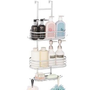 heomu bathroom over the door shower caddy, shower organizer shelves with 4 hooks, rustproof & waterproof shower storage rack for shampoo, conditioner, soap, bath sponge, silver