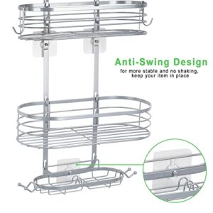 HEOMU Bathroom Over the Door Shower Caddy, Shower Organizer Shelves with 4 Hooks, Rustproof & Waterproof Shower Storage Rack for Shampoo, Conditioner, Soap, Bath Sponge, Silver