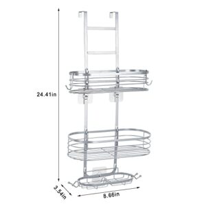 HEOMU Bathroom Over the Door Shower Caddy, Shower Organizer Shelves with 4 Hooks, Rustproof & Waterproof Shower Storage Rack for Shampoo, Conditioner, Soap, Bath Sponge, Silver