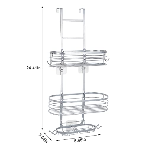 HEOMU Bathroom Over the Door Shower Caddy, Shower Organizer Shelves with 4 Hooks, Rustproof & Waterproof Shower Storage Rack for Shampoo, Conditioner, Soap, Bath Sponge, Silver