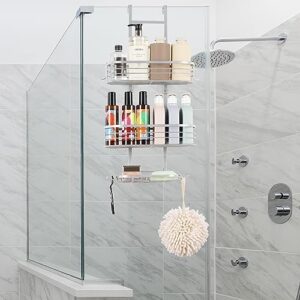 HEOMU Bathroom Over the Door Shower Caddy, Shower Organizer Shelves with 4 Hooks, Rustproof & Waterproof Shower Storage Rack for Shampoo, Conditioner, Soap, Bath Sponge, Silver