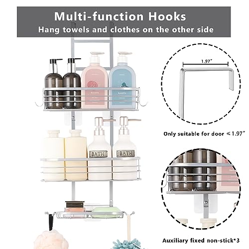 HEOMU Bathroom Over the Door Shower Caddy, Shower Organizer Shelves with 4 Hooks, Rustproof & Waterproof Shower Storage Rack for Shampoo, Conditioner, Soap, Bath Sponge, Silver