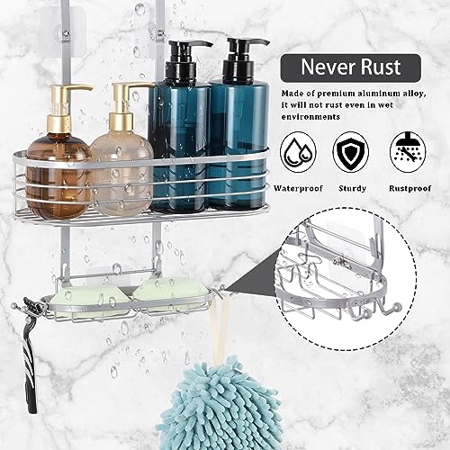 HEOMU Bathroom Over the Door Shower Caddy, Shower Organizer Shelves with 4 Hooks, Rustproof & Waterproof Shower Storage Rack for Shampoo, Conditioner, Soap, Bath Sponge, Silver