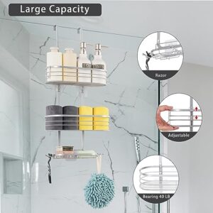 HEOMU Bathroom Over the Door Shower Caddy, Shower Organizer Shelves with 4 Hooks, Rustproof & Waterproof Shower Storage Rack for Shampoo, Conditioner, Soap, Bath Sponge, Silver