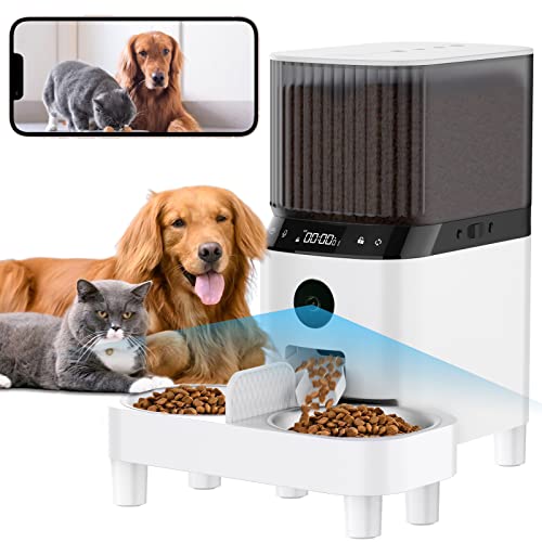 Automatic Cat Feeders with Camera,1080P HD Night Vision 2.4G WiFi 5L Pet Feeder,Height Adjustable Dog Dry Food Dispenser,Two Way Splitter & Three Stainless Bowls,10s Meal Call & Interaction (White)