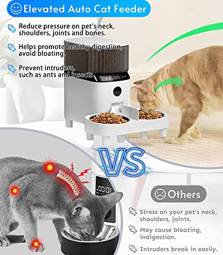 Automatic Cat Feeders with Camera,1080P HD Night Vision 2.4G WiFi 5L Pet Feeder,Height Adjustable Dog Dry Food Dispenser,Two Way Splitter & Three Stainless Bowls,10s Meal Call & Interaction (White)