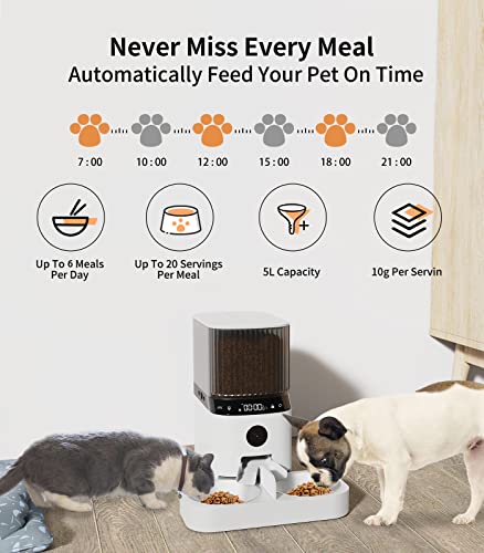 Automatic Cat Feeders with Camera,1080P HD Night Vision 2.4G WiFi 5L Pet Feeder,Height Adjustable Dog Dry Food Dispenser,Two Way Splitter & Three Stainless Bowls,10s Meal Call & Interaction (White)